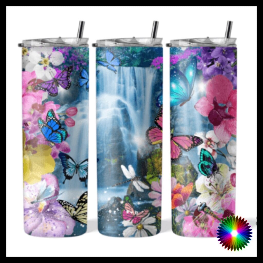 20oz Skinny Sublimation Tumbler Wrap Print - Butterflies with Waterfall ...